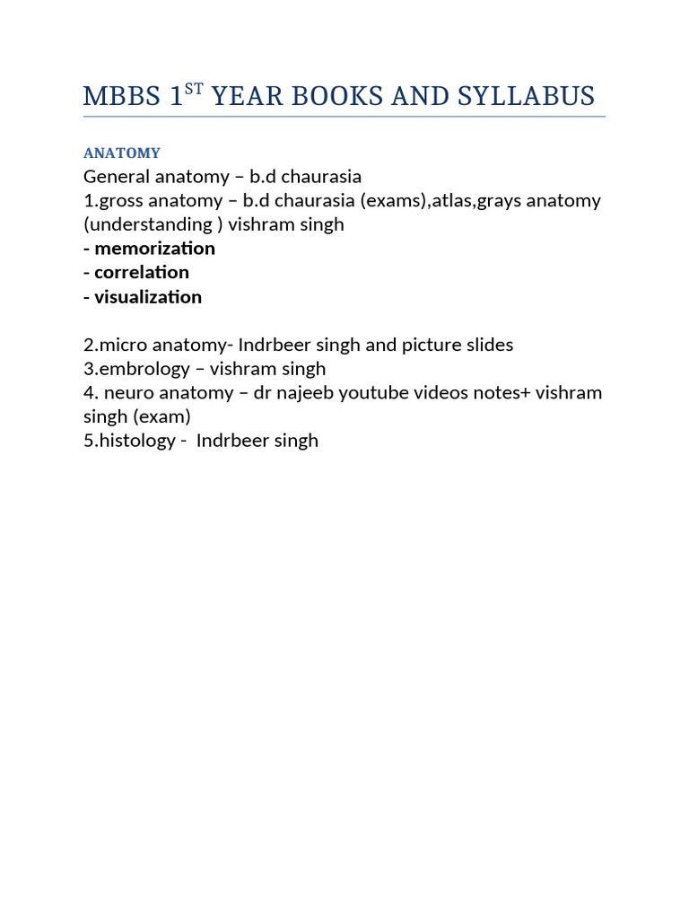 Mbbs 1st Year Books and Syllabus | PDF