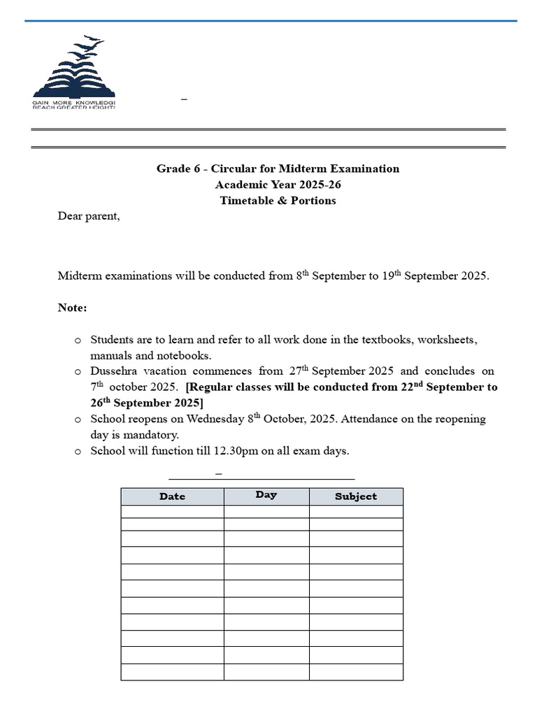Grade 6 Time Table and Portions Mid Term 202526 | PDF | Numbers | Mathematics