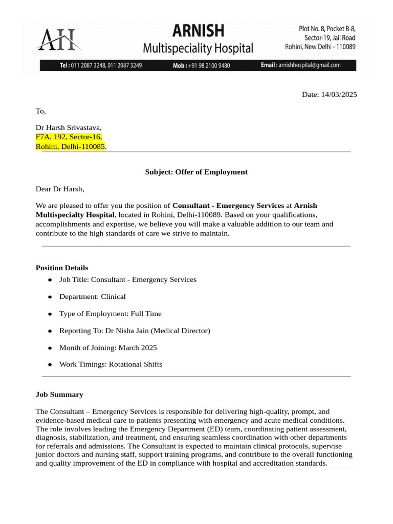 Offer Letter DR Harsh Emergency | PDF | Hospital | Emergency Department