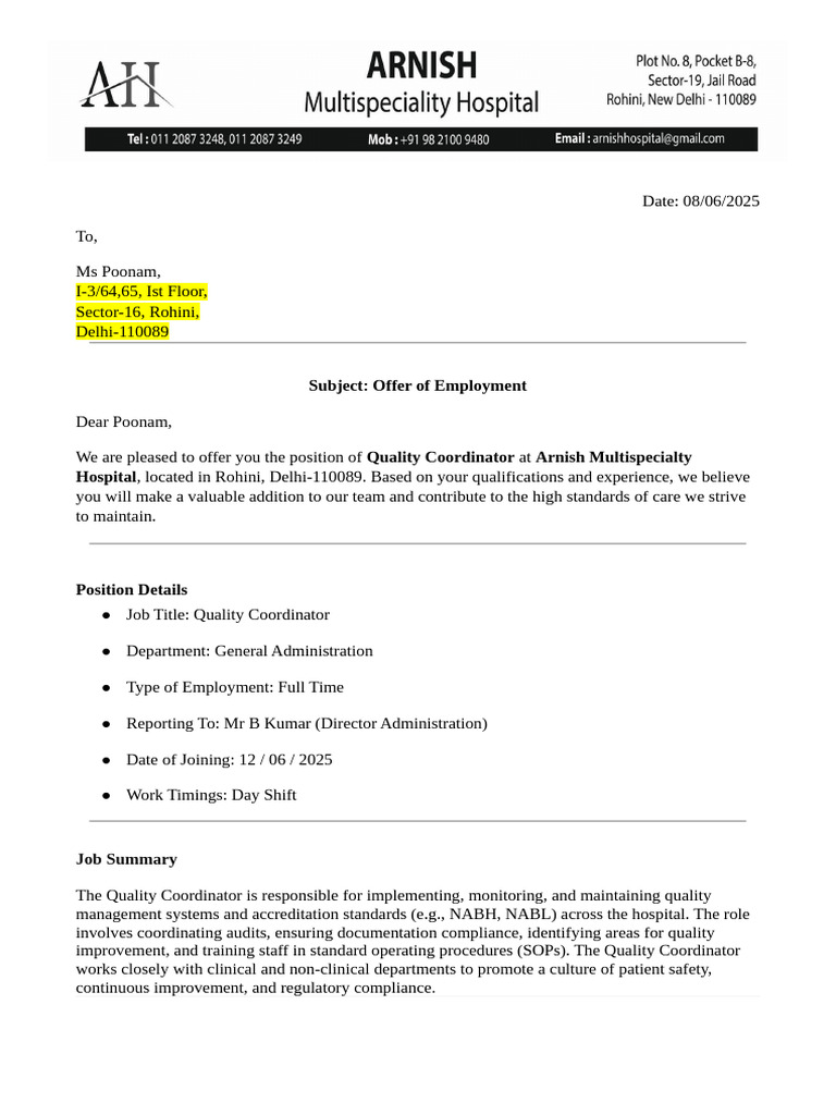 Quality Coordinator Offer at Arnish Hospital | PDF