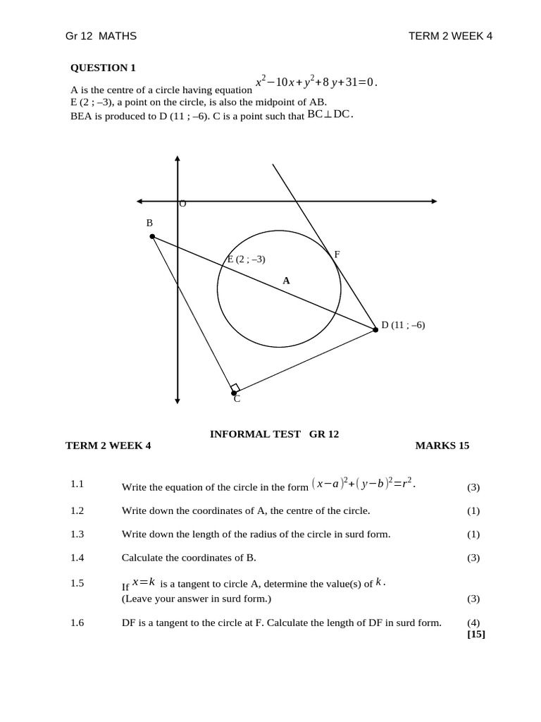 Gr 12 Maths Informal Test Week 4 | PDF | Circle | Classical Geometry
