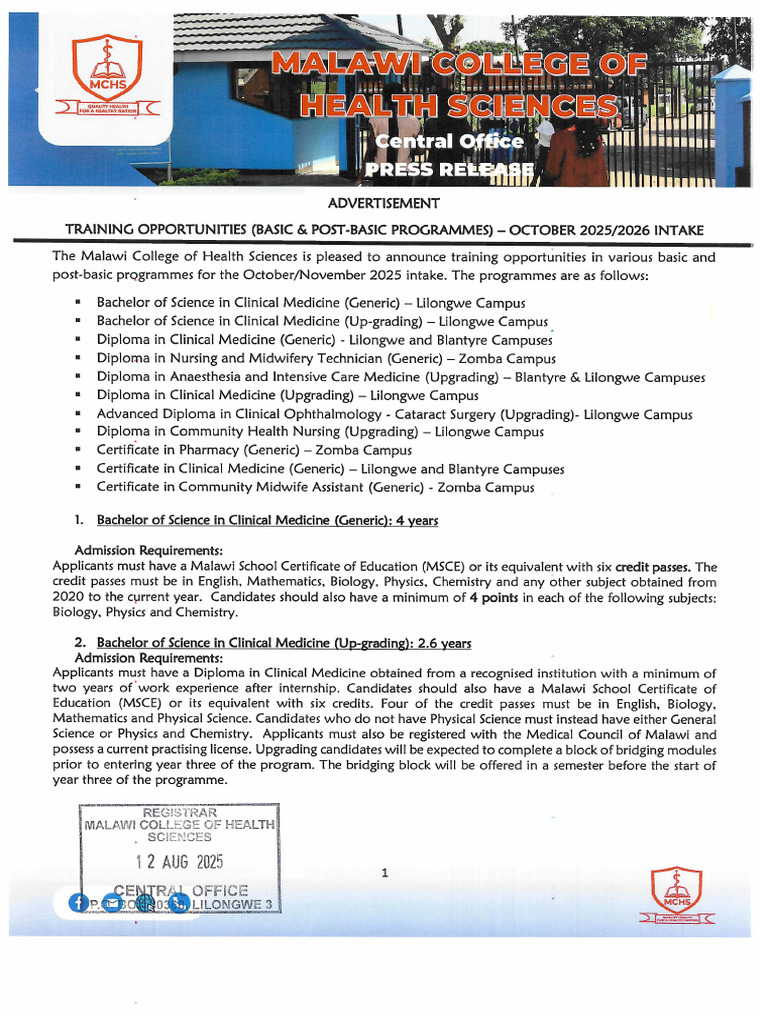 Mchs Advert Oct 2025 Intake | PDF