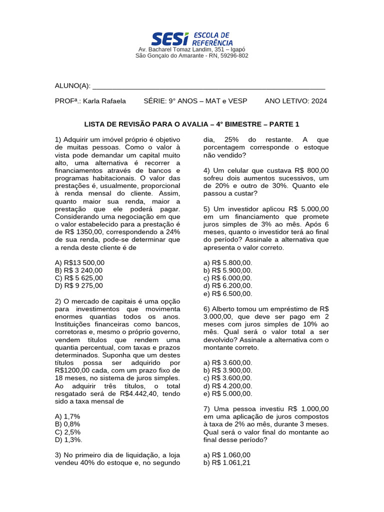 Lista de Revisao Avalia p1 4 Bim 9 Anos | PDF | Juros | Trajetória