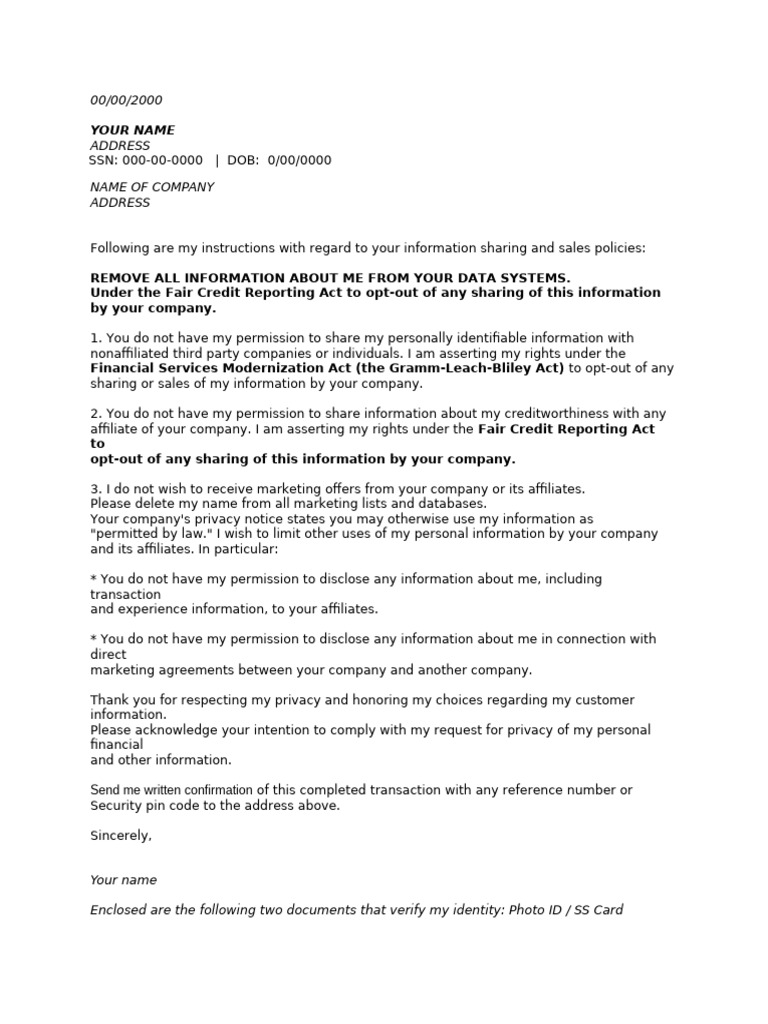 Opt Out Sample of Sharing Financial Information Freeze Letter | PDF