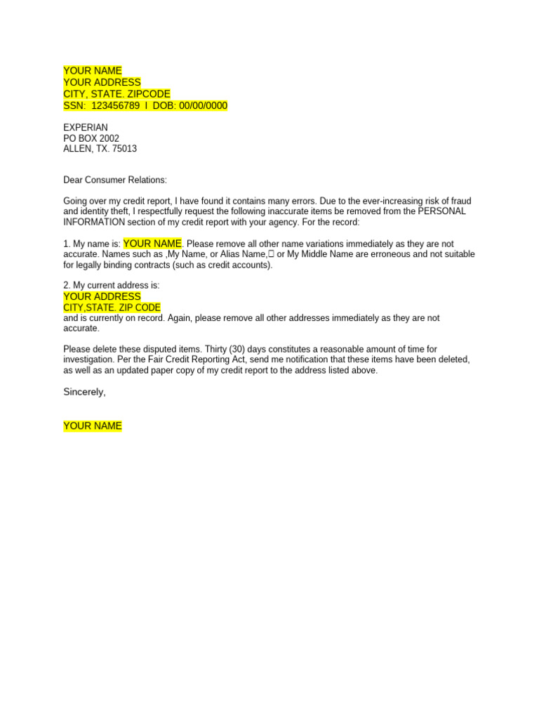 Personal Info Removal Letter Ex, Eq, TR | PDF | Credit History | Zip Code