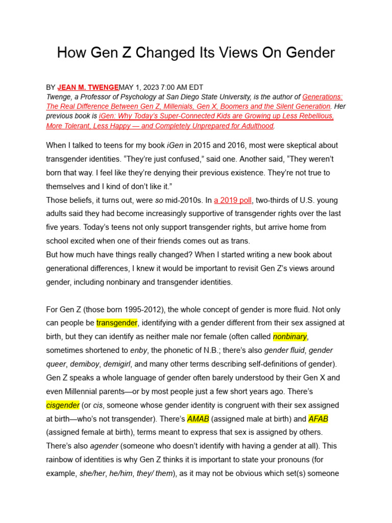 Gen Z's Evolving Gender Perspectives | PDF | Transgender | LGBTQIA+ Studies