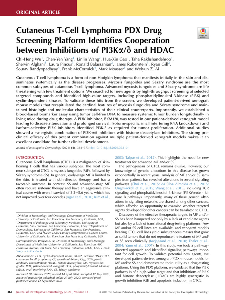 Cutaneous T Cell Lymphoma PDX Drug Screening Platform 2021 Journal of ...