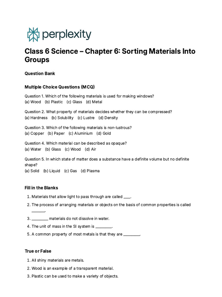 Class 6 Materials Sorting MCQs and Q&A | PDF | Glasses | Metals
