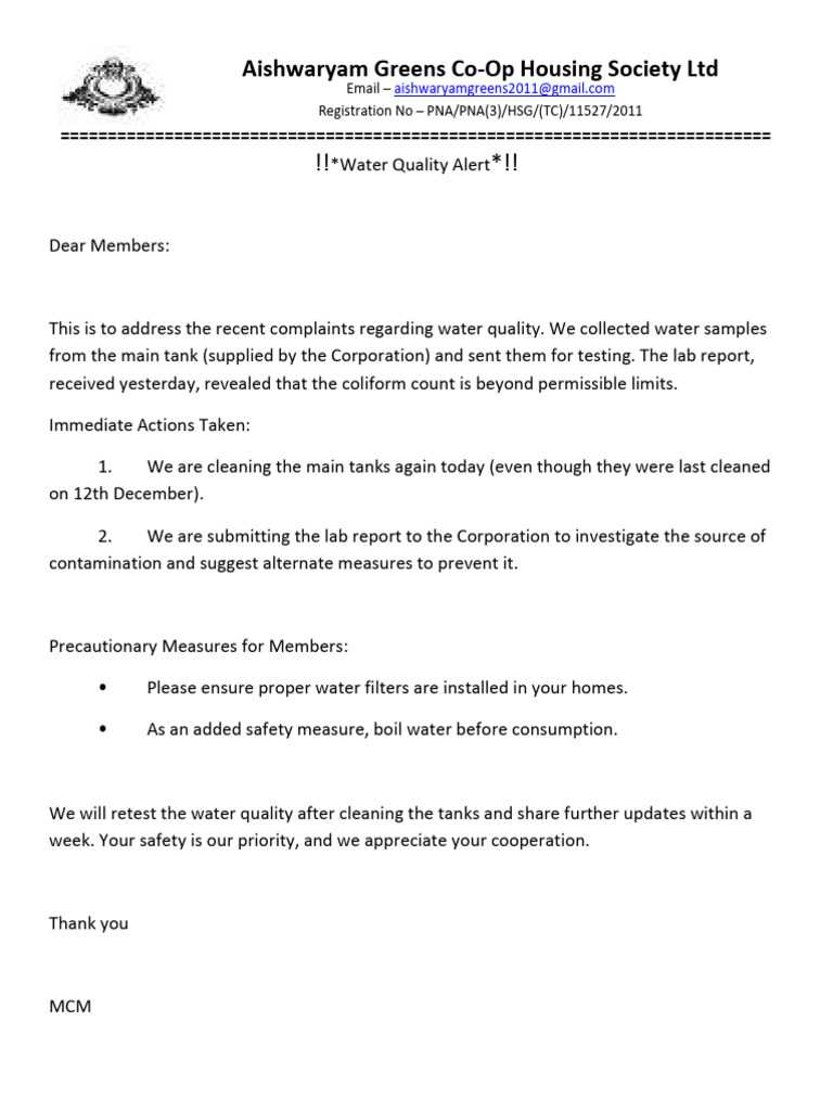 Notice For Water Quality Alert | PDF