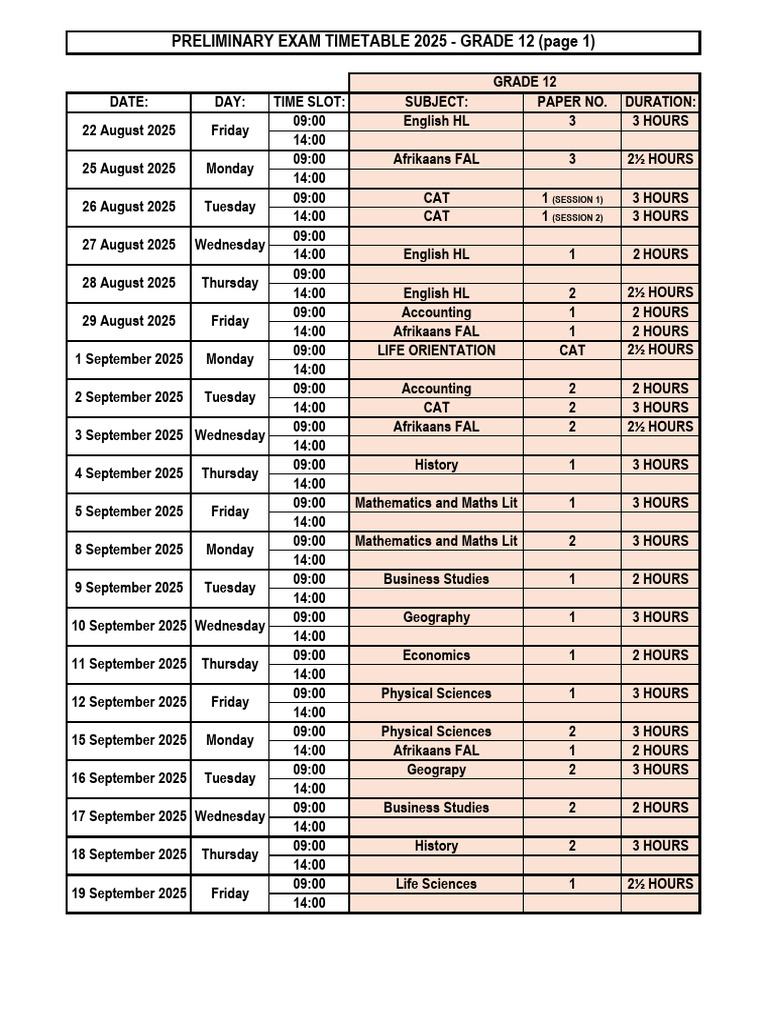 Grade 12 Preliminary Exam Timetable 2025 | PDF