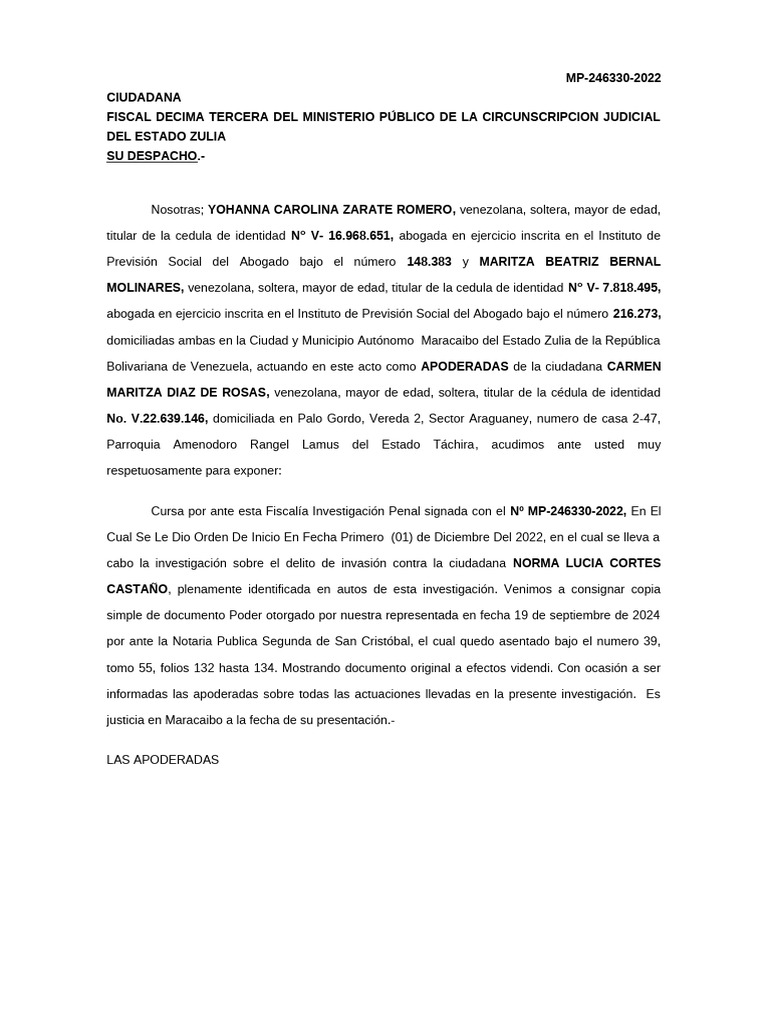 ESCRITO DE CONSIGNACION PODER DE CARMEN MARITZA | PDF