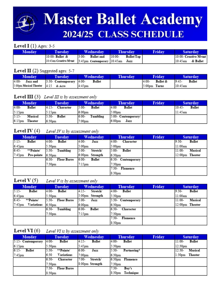 Weekly Dance Class Schedule for All Levels | PDF | Dances | Concert Dance