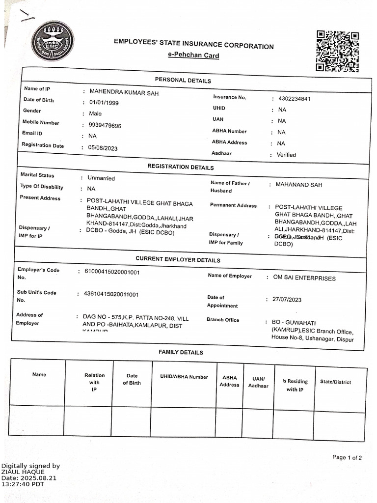 Esic Card Mahendra Kumar Sah Signed | PDF