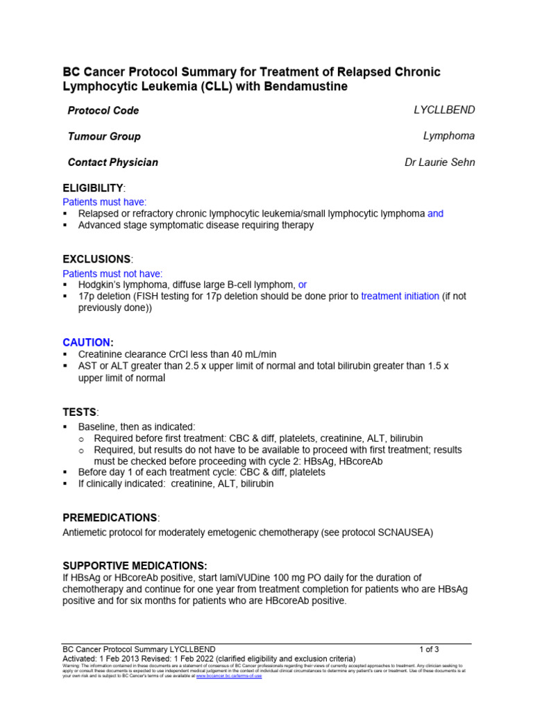 CLL Treatment Protocol with Bendamustine | PDF | Lymphoma | Hepatitis