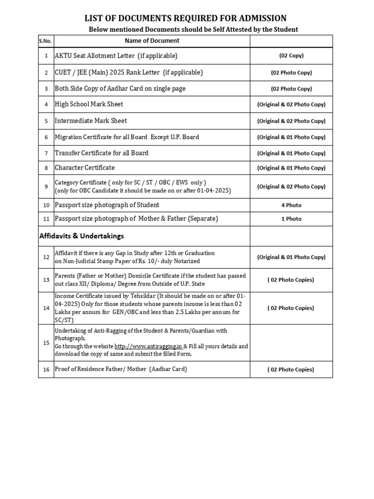 Required Documents for Admission 2025 | PDF | Government And Personhood
