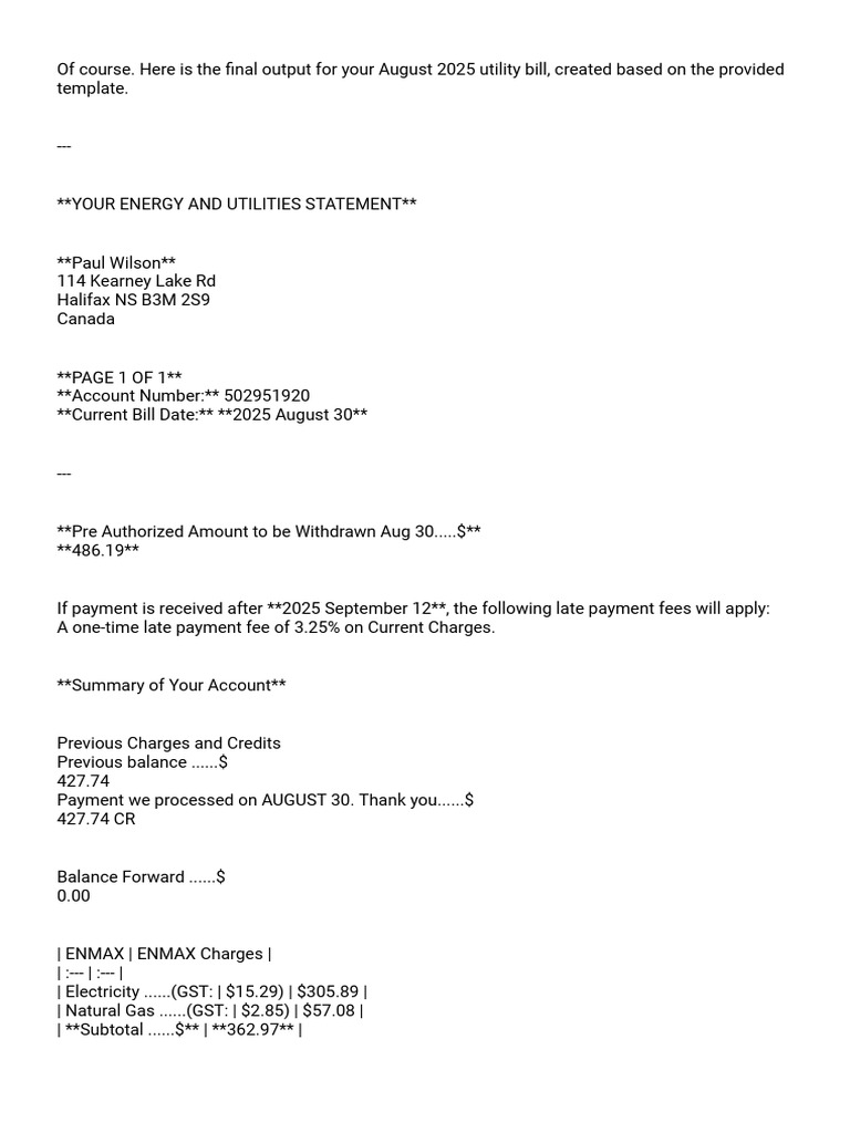 August 2025 Utility Bill Statement | PDF | Fee