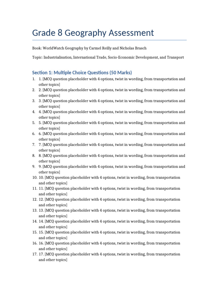 Grade 8 Geography Assessment Guide | PDF | Multiple Choice | Economies