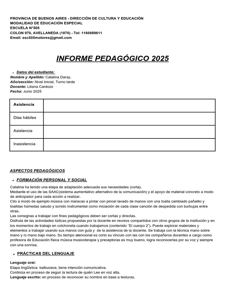 Informe Pedagógico - Catalina Daray | PDF | Maestros | Educación de la ...