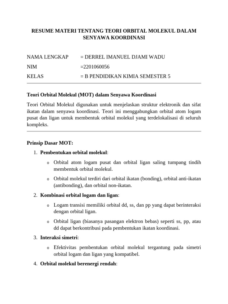 RESUME MATERI TENTANG Teori Orbital Molekul Dalam Senyawa Koordinasi | PDF