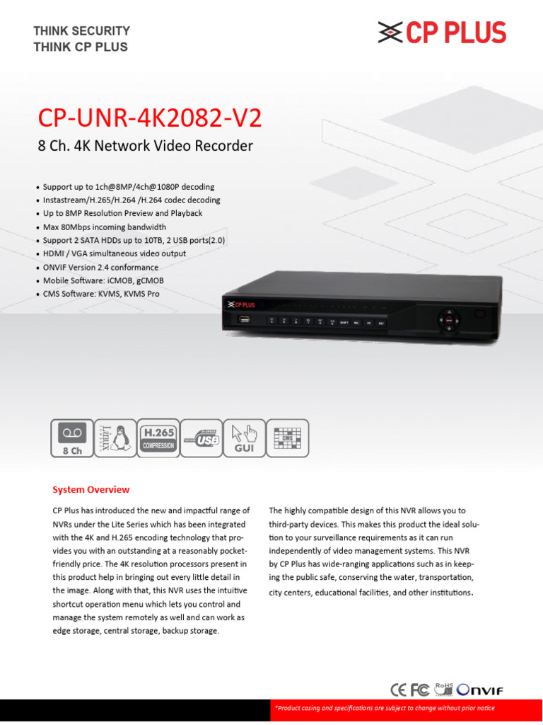 CP-Plus, 8 Channel, NVR CP-UNR-4K2082-V2 (Without HDD) Datasheet | PDF ...