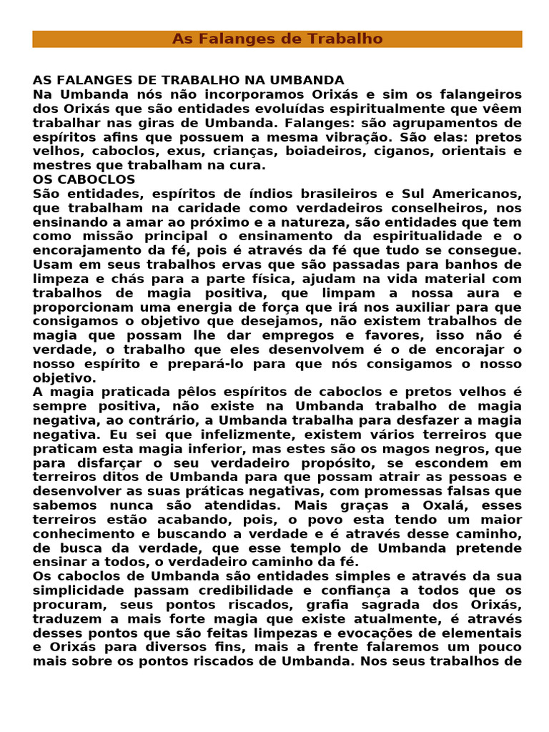 Falanges de Trabalho na Umbanda | PDF