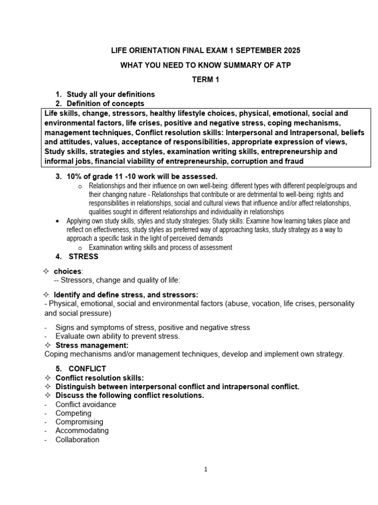Life Orientation Final Exam 1 September 2025 Scope | PDF | Stress (Biology) | Well Being