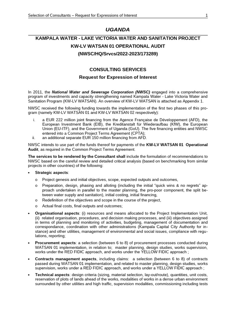 Consultancy Services For Kampala Water Lake Victoria Water and Sanitation Project KW LV Watsan ...