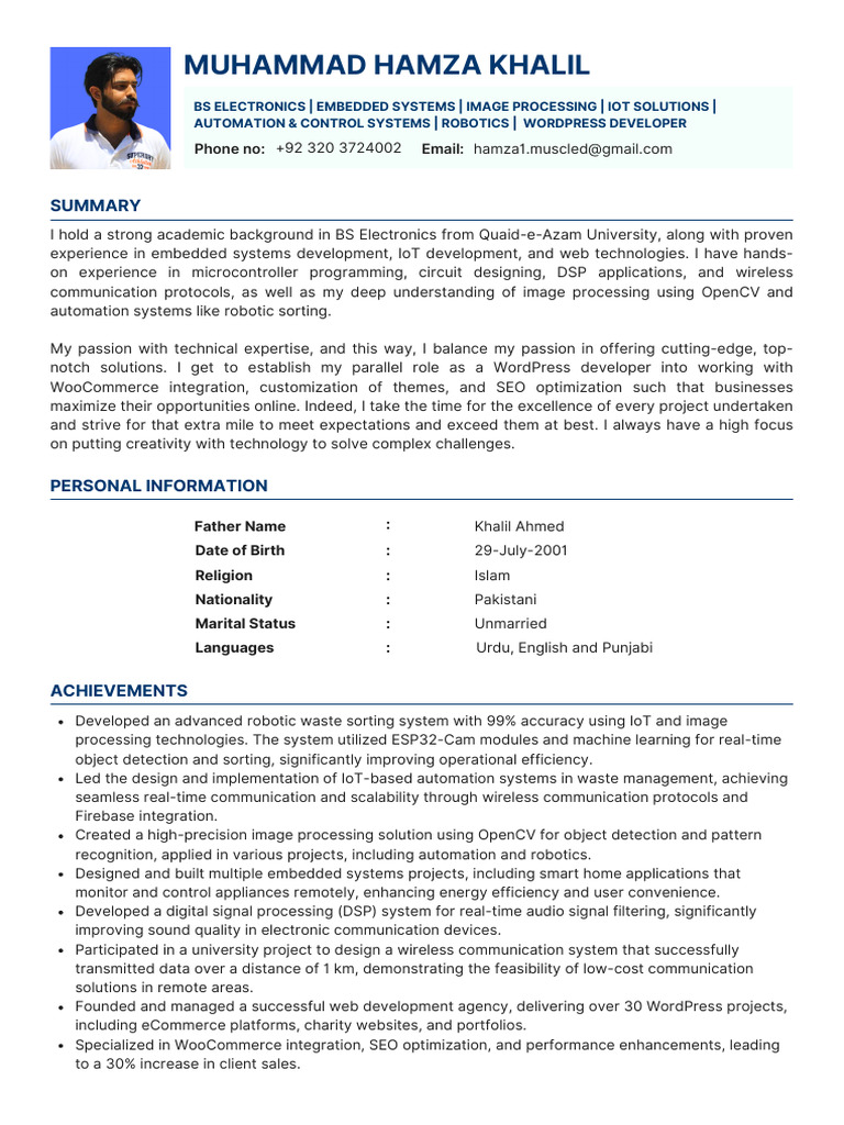 Resume (Muhammad Hamza Khalil) | PDF | Internet Of Things | Embedded System