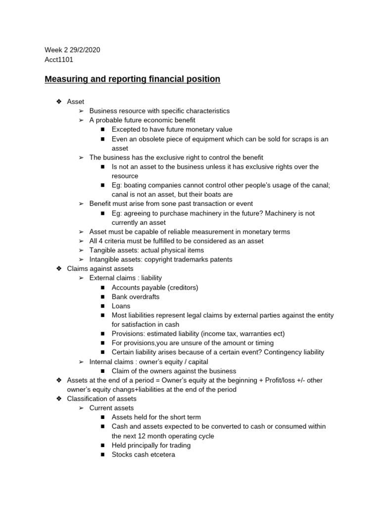 A4 Acct1101 Week 2 Notes | PDF | Equity (Finance) | Money