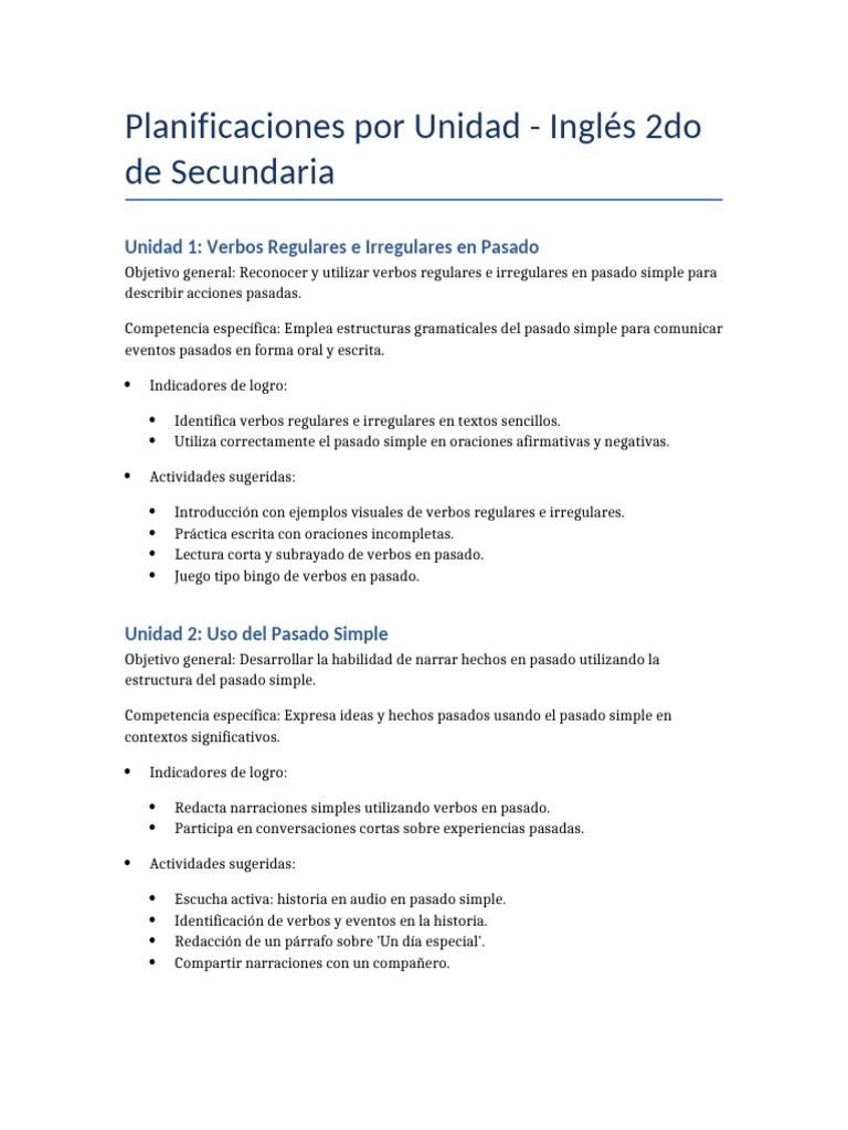 Planificaciones 2do Secundaria Ingles Unidades | PDF | Verbo | Oración (Lingüística)