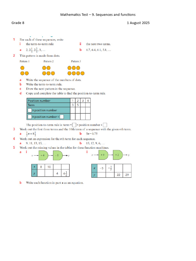 Grade 8 Mathematics Test 1august2025 | PDF