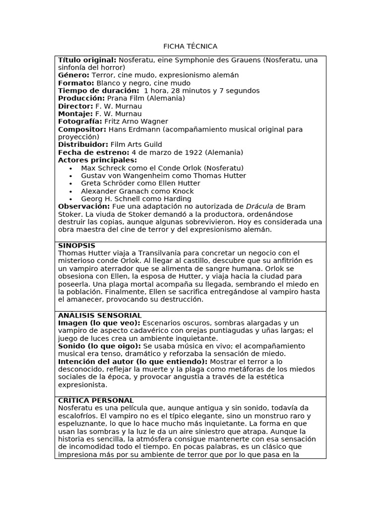 Ficha Técnica Nosferatu | PDF