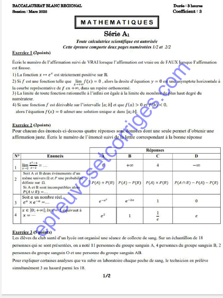 Sujet Et Corrige Bac Blanc 2025 Mathematiques Serie A1 Regional Drena Gagnoa Mars 2025 | PDF