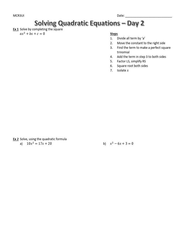 Day 4 - Lesson - Solving Quadratic Equations - Day 2 | PDF
