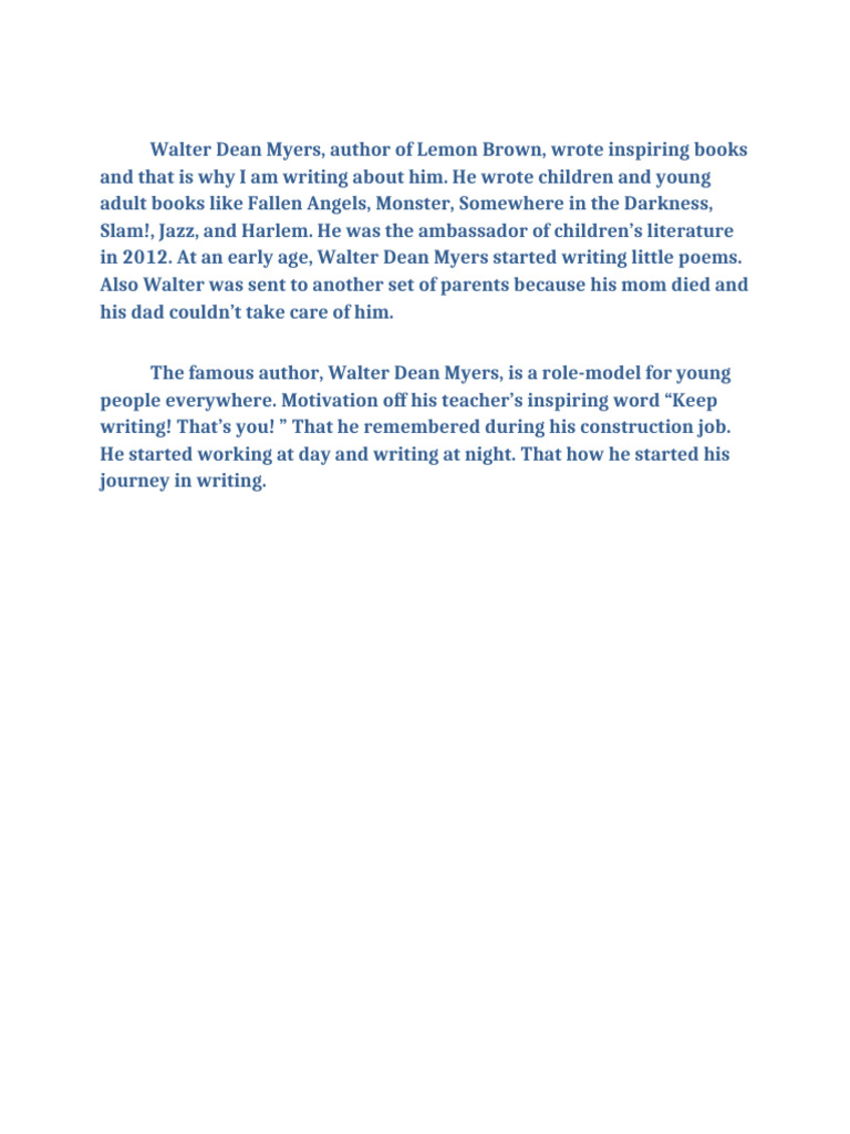 Walter Dean Myers Bio Essay | PDF