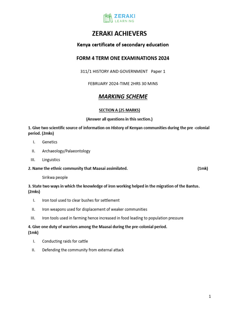 History - Paper 1 - Marking Scheme | PDF | Kenya | Magistrate