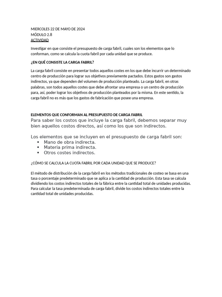 Formato y Calculo de La Carga Fabril | PDF