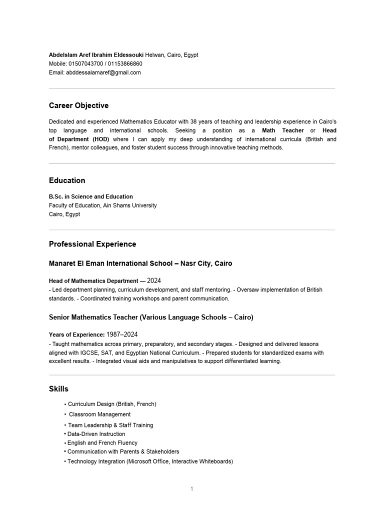 Experienced Math Educator in Cairo | PDF