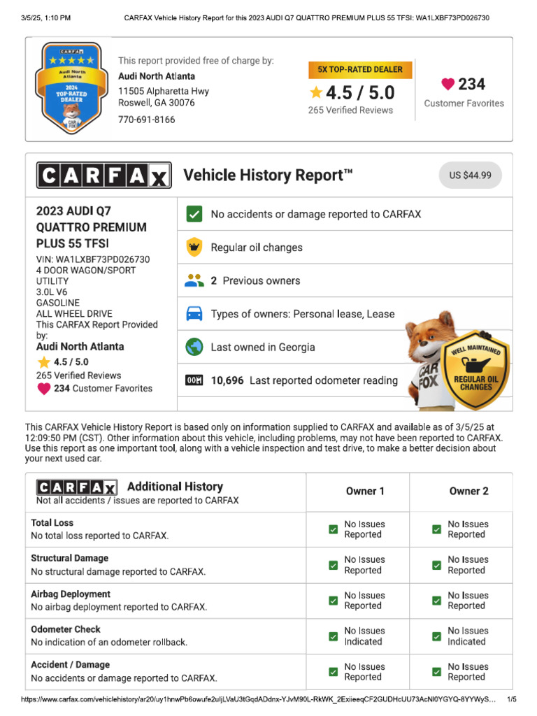 Audi Q7 23 10k $48 5K northATL CarFax | PDF