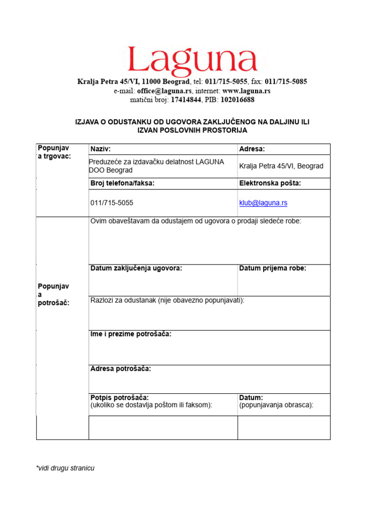 2.2. LAGUNA Obrazac Za Odustanak Od Ugovora2 E | PDF