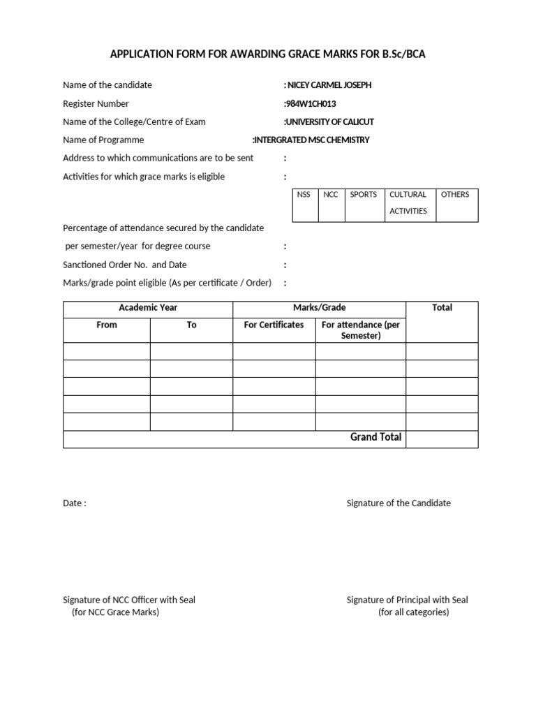 Calicut University Grace Marks Application | PDF | Educational Stages