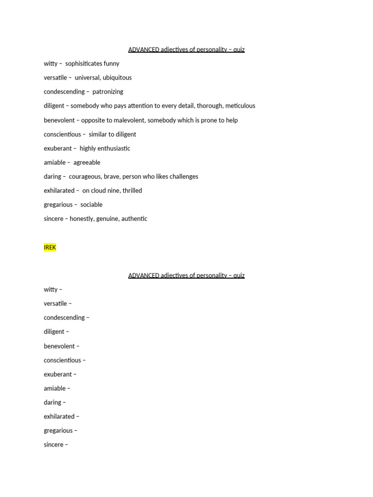 Advanced Adjectives of Personality Quiz | PDF