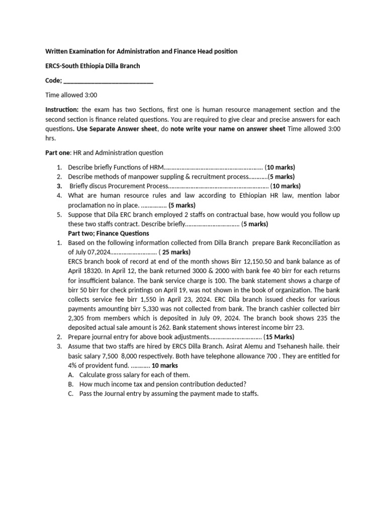 Written Examination For Administration and Finance Head Position | PDF ...