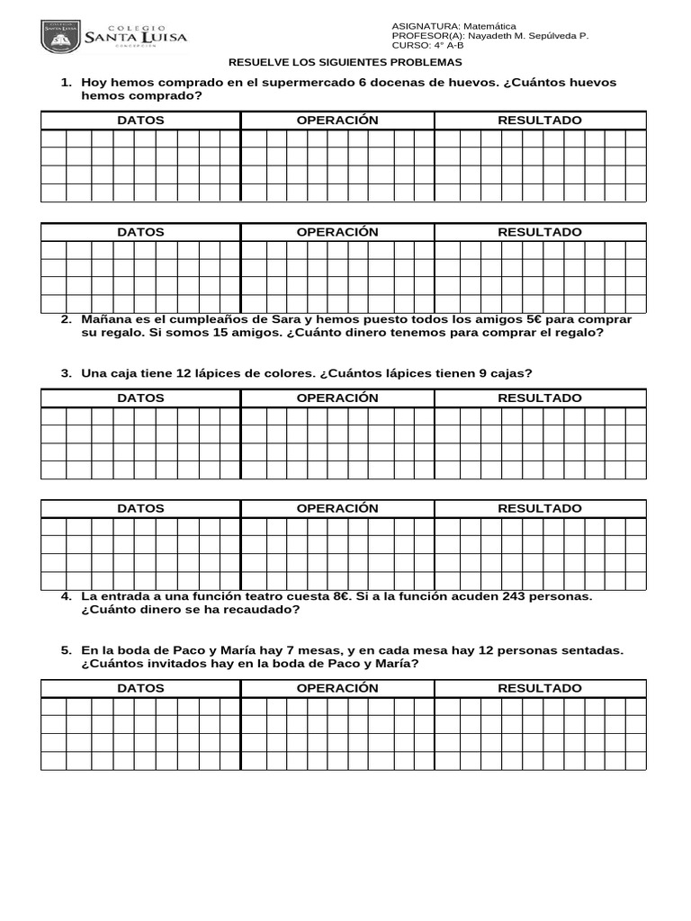 Problemas de multiplicación para 4° A-B | PDF