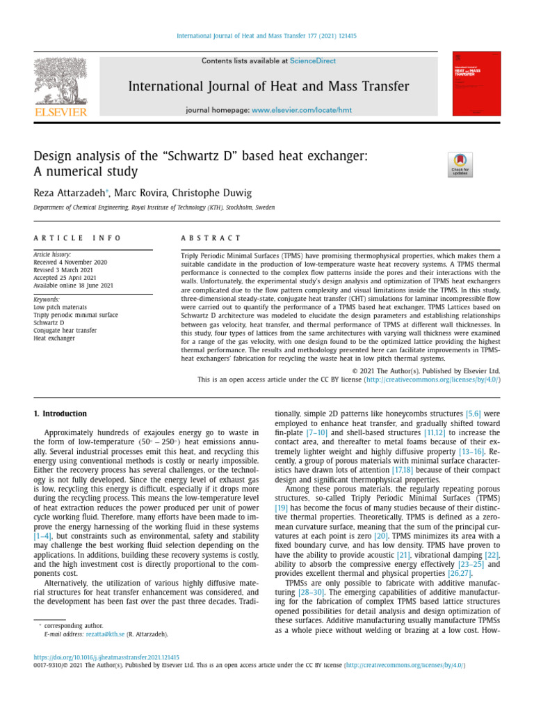 Design Analysis of The Schwartz D Based Heat Exchanger A Numerical ...