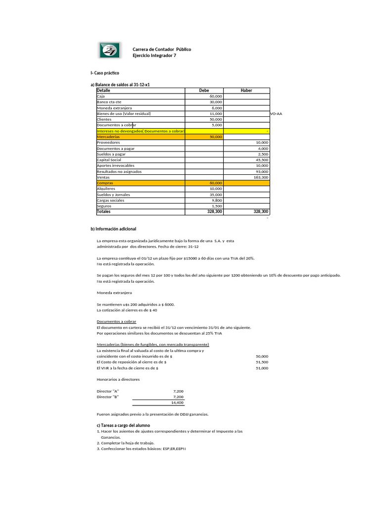 Ejercicio 7 Integrador RESUELTO | PDF | Hoja de balance | Finanzas personales