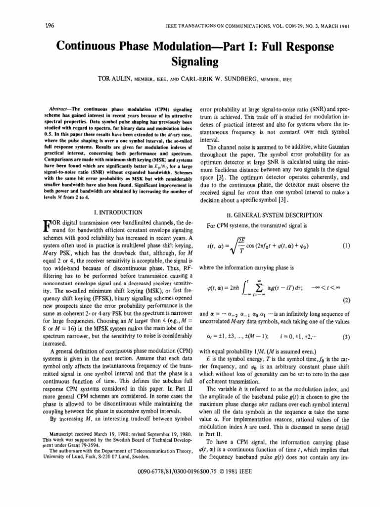 Continuous Phase Modulation - Part I Full Response Signaling | PDF ...