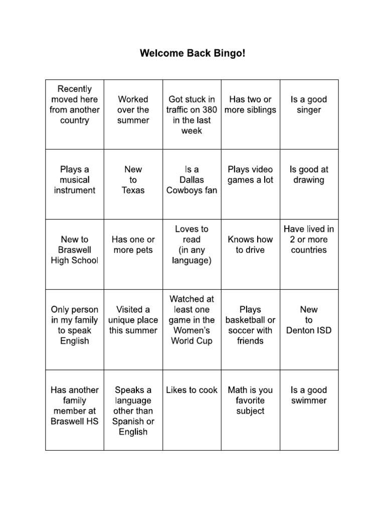 Welcome Back Bingo | PDF
