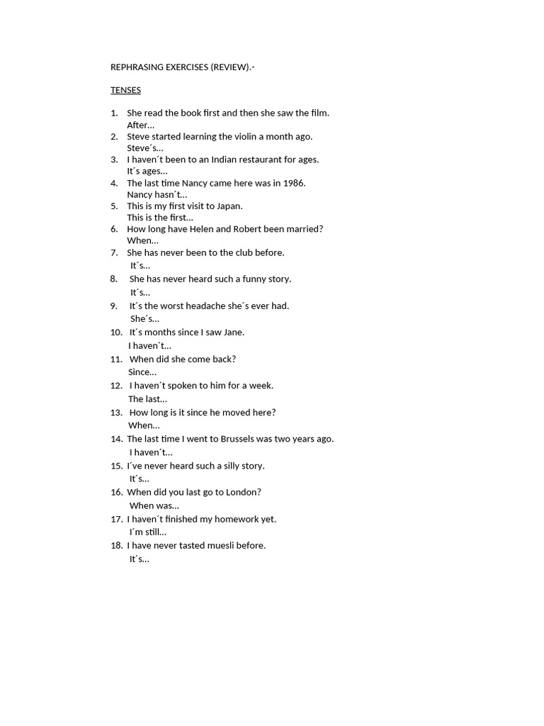 Rephrasing Exercises for English Tenses | PDF