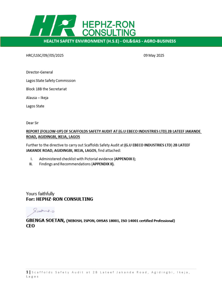 Scaffolds Safety Audit Report Lagos | PDF | Scaffolding | Safety